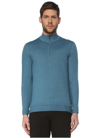 Pal Zileri Erkek Mavi Dik Yaka Fermuarlı Yün Kazak 48 IT