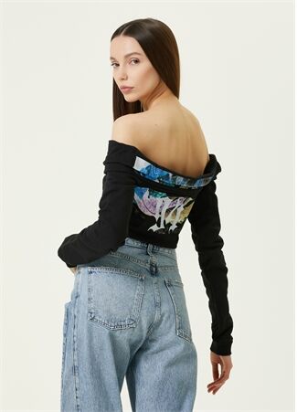 Gcds Kadın Siyah Düşük Omuzlu Baskılı Sweatshirt Xs Eu