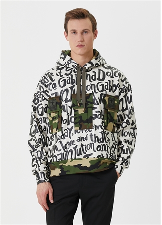 Dolce&gabbana Erkek Haki Beyaz Kapüşonlu Desenli Sweatshirt S Eu Dolce&gabbana Erkek Haki Beyaz Kapüşonlu Desenli Sweatshirt S Eu