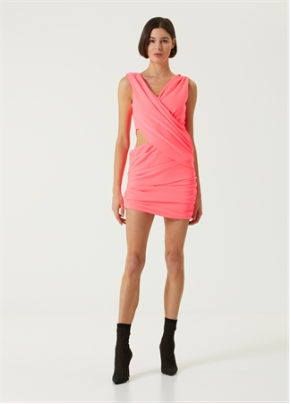 Balmain Kadın Neon Pembe V Yaka Drapeli Mini Elbise 36 FR Balmain Kadın Neon Pembe V Yaka Drapeli Mini Elbise 36 FR