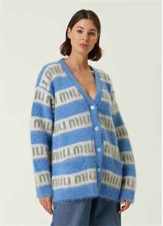 Miu Kadın Mavi V Yaka Çizgili Logolu Yün Hırka 38 IT