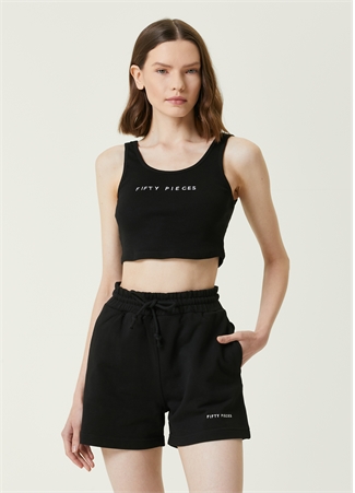 Fifty Pieces Kadın Siyah U Yaka Logolu Crop T-shirt S EU