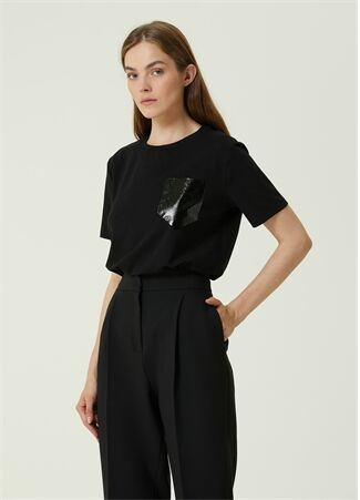 Beymen Club Kadın Siyah Bisiklet Yaka Rugan Cepli T-shirt S