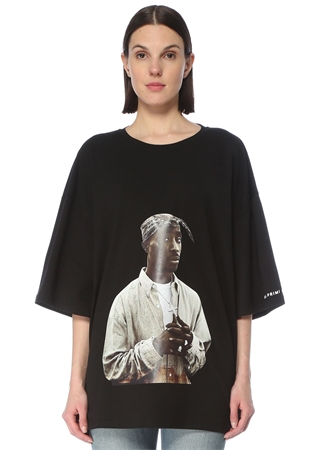 Ma Primi Giovani Kadın 2pac Siyah Baskılı Oversize Basic T-shirt S EU