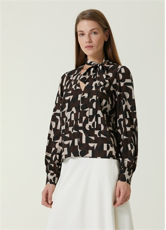 Beymen Club Kadın Kahverengi Yakası Fularlı Desenli İpek Bluz XS