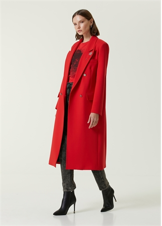 Academia Kadın Kırmızı Broş Detaylı Kruvaze Palto 42 Academia Kadın Kırmızı Broş Detaylı Kruvaze Palto 42