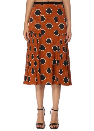 Johanna Ortiz Kadın Kahverengi Puantiyeli Pilili Midi Etek Turuncu 2 US