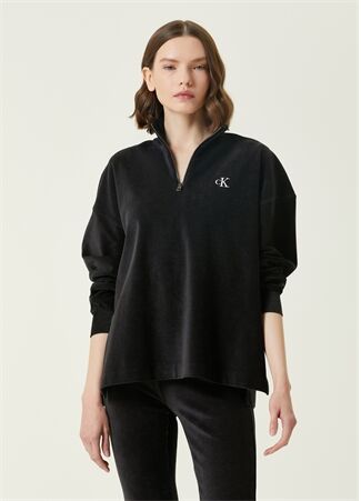 Ck Jeans Kadın Siyah Yakası Fermuarlı Kadife Sweatshirt L Eu
