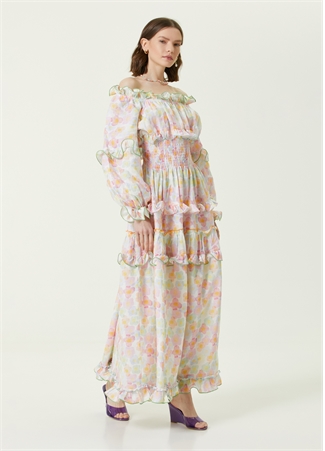 Gül Hürgel Kadın Düşük Omuzlu Çiçekli Fırfırlı Maksi Keten Elbise S EU
