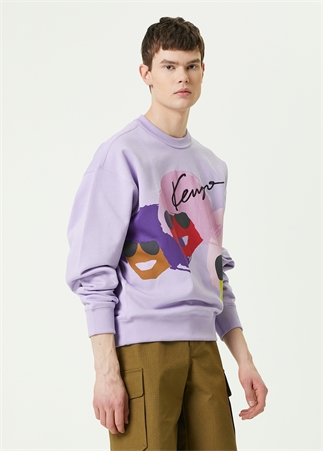 Kenzo Erkek Lila Figür Baskılı Logo Nakışlı Sweatshirt Mor S EU