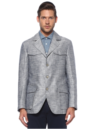 Pal Zileri Erkek Gri Kelebek Yaka Nopeli Keten Ceket Lacivert 50 IT