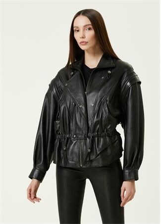 Arzu Kaprol Kadın Siyah Dik Yaka Kol Detaylı Deri Mont S EU