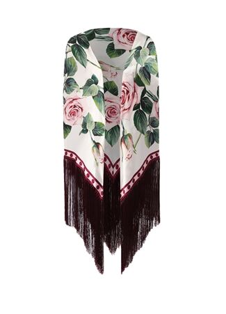 Dolce&Gabbana Kadın Beyaz Mor Gül Baskılı Püsküllü ipek Şal EU
