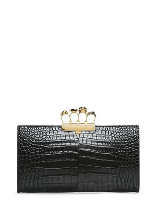 Alexander McQueen Kadın Siyah Dokulu Yüzük Detaylı Deri El Portföyü EU