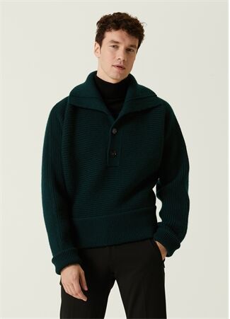 Bottega Veneta Erkek Yeşil Yakası Düğmeli Yün Kazak S EU