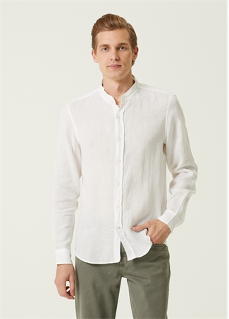 Brunello Cucinelli Erkek Beyaz Hakim Yaka Keten Gömlek M EU