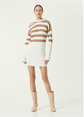 Balmain Kadın Camel Beyaz Çizgili Tek Omzu Açık Mini Elbise 36 FR Balmain Kadın Camel Beyaz Çizgili Tek Omzu Açık Mini Elbise 36 FR