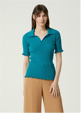 Bottega Veneta Kadın Petrol Polo Yaka Kısa Kol Yün Triko Mavi M EU Bottega Veneta Kadın Petrol Polo Yaka Kısa Kol Yün Triko Mavi M EU