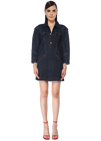 Philosophy di Lorenzo Serafini Kadın Lacivert Yaka Detaylı Mini Denim Elbise Mavi 38 IT