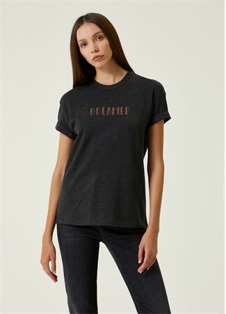 Brunello Cucinelli Kadın Antrasit Yazı Detaylı Yün T-shirt Gri S EU