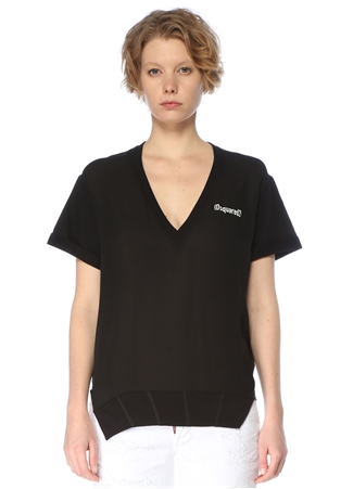 Dsquared2 Kadın Siyah V Yaka Asimetrik T-shirt XS EU