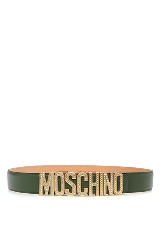 Moschino Kadın Haki Gold Logolu Deri Kemer Yeşil 40 IT Moschino Kadın Haki Gold Logolu Deri Kemer Yeşil 40 IT