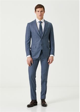 Isaia Erkek Gri Mavi Çizgi Desenli Yün Takım Elbise 48 IT