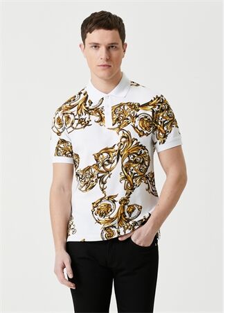 Versace Jeans Couture Erkek Beyaz Polo Yaka Barok Baskılı T-shirt S EU
