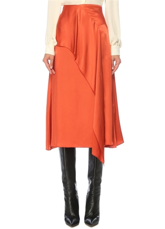 Beymen Collection Kadın Kiremit Asimetrik Volanlı Midi Saten Etek Kırmızı 36