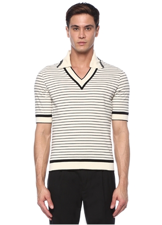 Dolce&Gabbana Erkek Siyah Beyaz Yaka Detaylı Çizgili Kısa Kollu Triko 44 IT