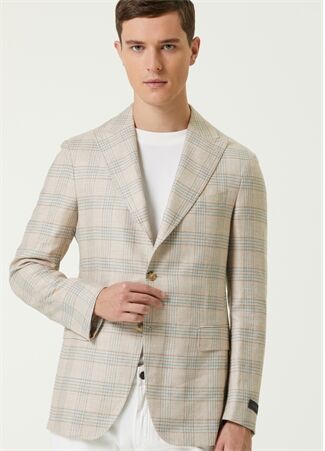 Pal Zileri Erkek Kahverengi Kareli Keten Ceket 52 IT