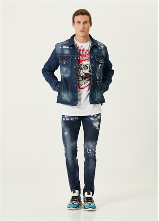Philipp Plein Erkek Lacivert Yıpratmalı Logo Desenli Jean Pantolon 34 US Philipp Plein Erkek Lacivert Yıpratmalı Logo Desenli Jean Pantolon 34 US