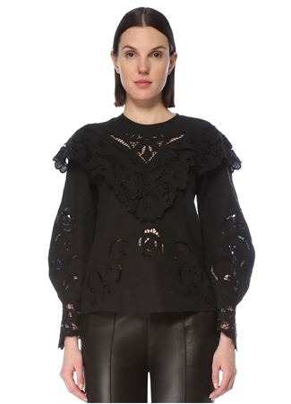 Isabel Marant Kadın Siyah Fırfırlı Dantel Garnili Keten Bluz 34 FR