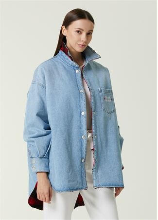 Gcds Kadın Mavi Kırmızı Çift Taraflı Denim Dış Gömlek S EU