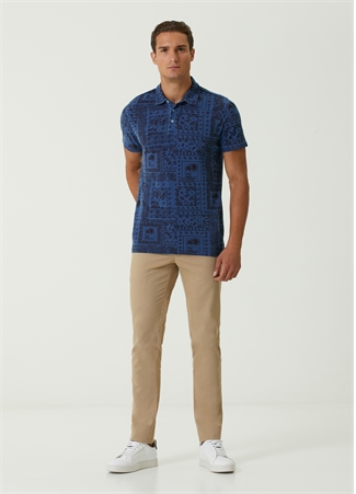 Beymen Club Erkek Comfort Fit Mavi Polo Yaka Etnik Desenli T-shirt S