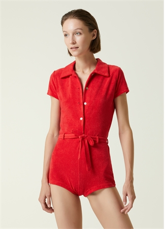 Musier Kadın Kırmızı Polo Yaka Beli Kuşaklı Mini Tulum 34 IT Musier Kadın Kırmızı Polo Yaka Beli Kuşaklı Mini Tulum 34 IT