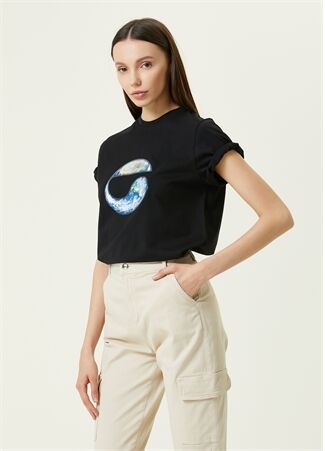 Coperni Kadın Siyah Bisiklet Yaka Baskılı T-shirt Us