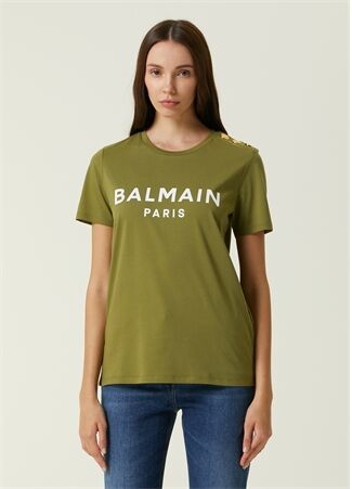 Balmain Kadın Haki Logolu Omzu Düğmeli T-shirt S EU Balmain Kadın Haki Logolu Omzu Düğmeli T-shirt S EU