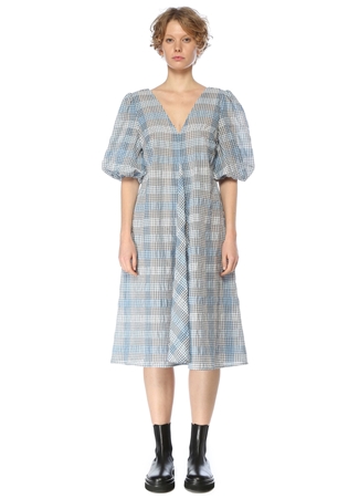 Ganni Kadın Mavi V Yaka Pötikareli Balon Kol Midi Elbise 34 FR