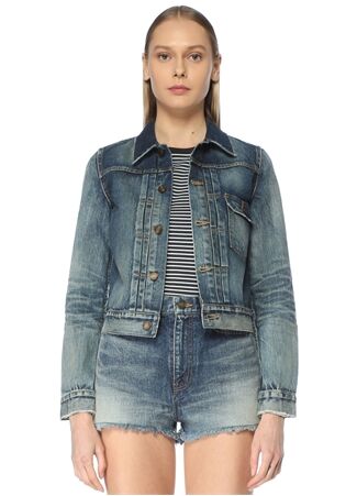 Kadın Yıpratma Detaylı Jean Ceket Mavi S EU