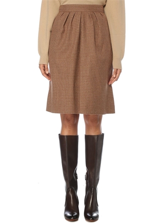 Chloe Kadın Kahverengi Kazayağı Desenli Pilili Midi Yün Etek 36 FR
