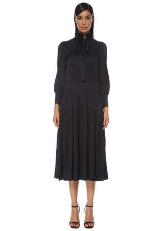 Kadın Lacivert Yakası Bağcıklı Desenli Midi İpek Elbise 36 IT