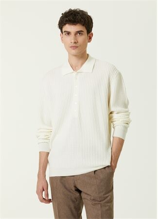 Lardini Erkek Beyaz Polo Yaka Dokulu Yün Kazak 48 IT