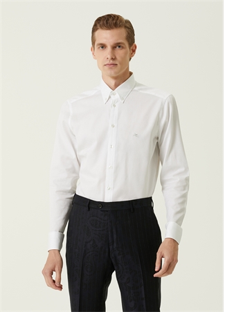 Etro Erkek Beyaz Düğmeli Yaka Etnik Desenli Gömlek 38 IT