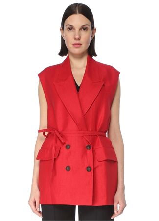 Brunello Cucinelli Kadın Kırmızı Kelebek Yaka Kuşak Detaylı Keten Yelek 40 IT