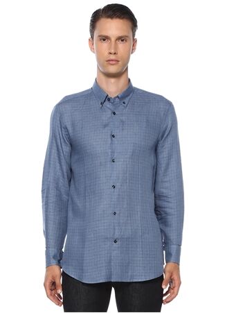 Pal Zileri Erkek Mavi Polo Yaka Kareli Keten Gömlek 4 IT