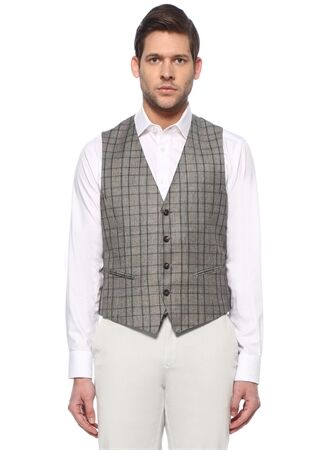 Pal Zileri Erkek Gri Ekose Desenli Yün Yelek Kahverengi 50 IT