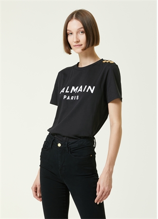 Balmain Kadın Siyah Bisiklet Yaka Logolu T-shirt XS EU