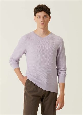 Salvatore Ferragamo Erkek Lila V Yaka Örgü Dokulu Yün Kazak Mor XL EU