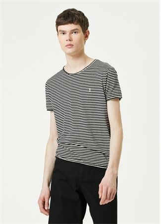 Erkek Siyah Krem Çizgi Desenli Keten T-shirt L EU
